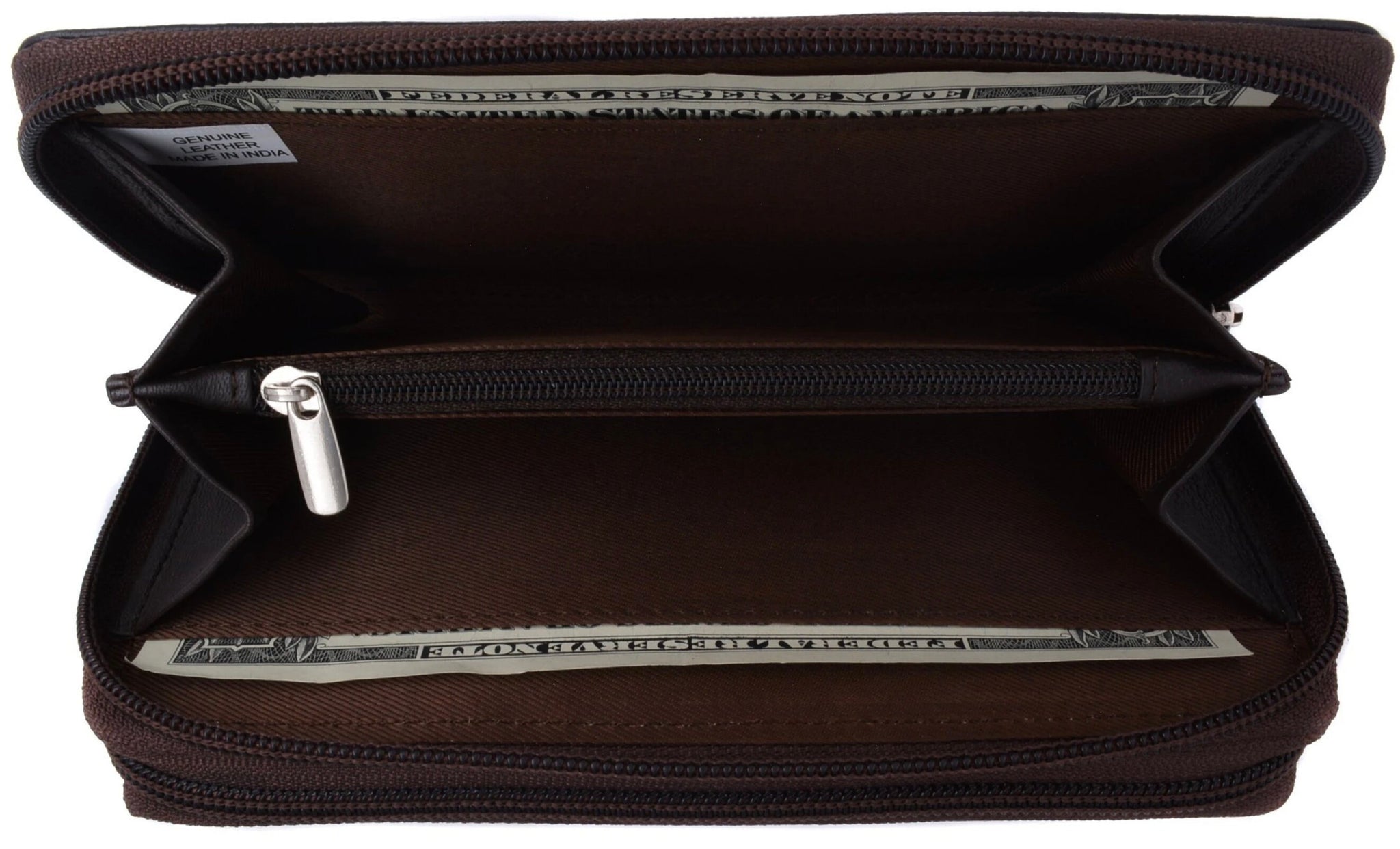 Genuine Leather Checkbook Secretary Wallet 2 Zipper Clutch Credit Card ...